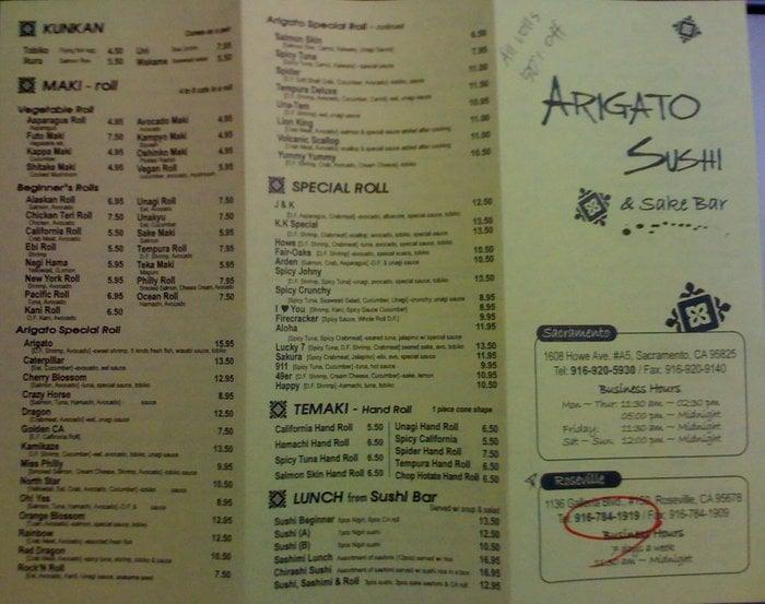 Menu at Arigato Sushi restaurant, Roseville, Galleria Blvd