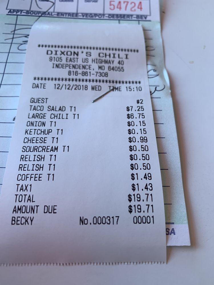 Menu at Dixon's Famous Chili Parlor restaurant, Independence