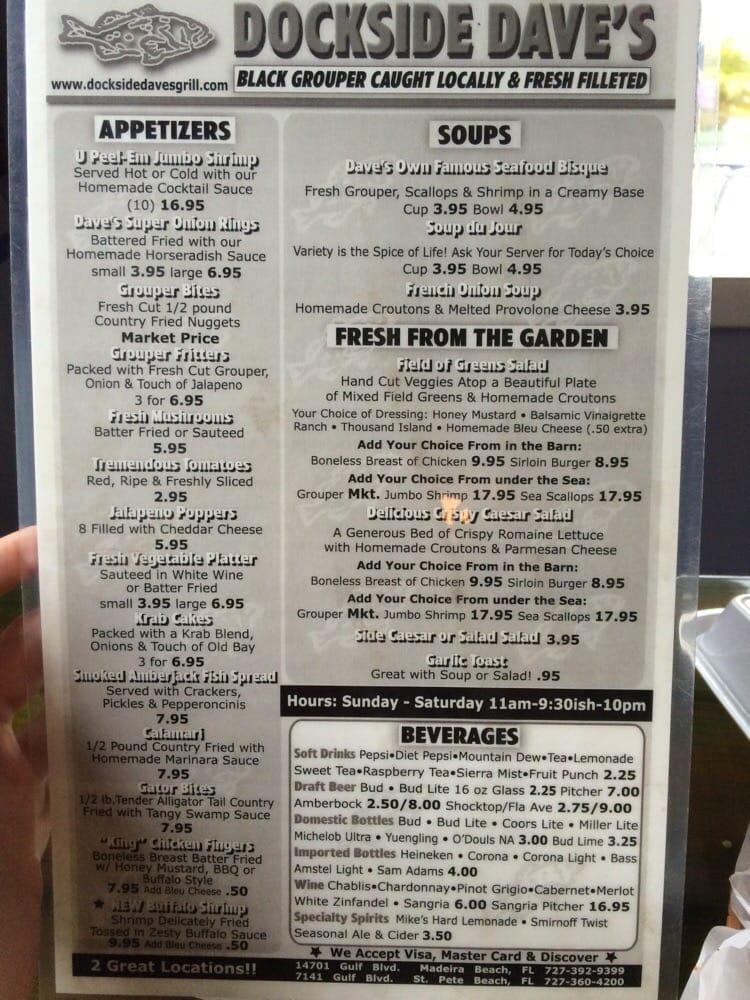 Menu at Dockside Dave's restaurant, Madeira Beach, 14701 Gulf Blvd