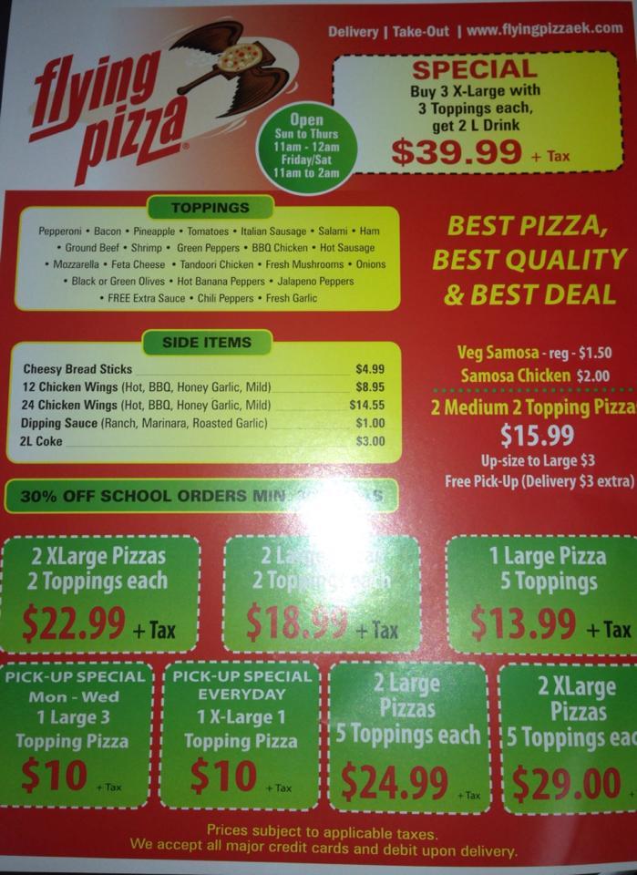 Menu at Flying Pizza pizzeria, Winnipeg, 400 Edison Ave
