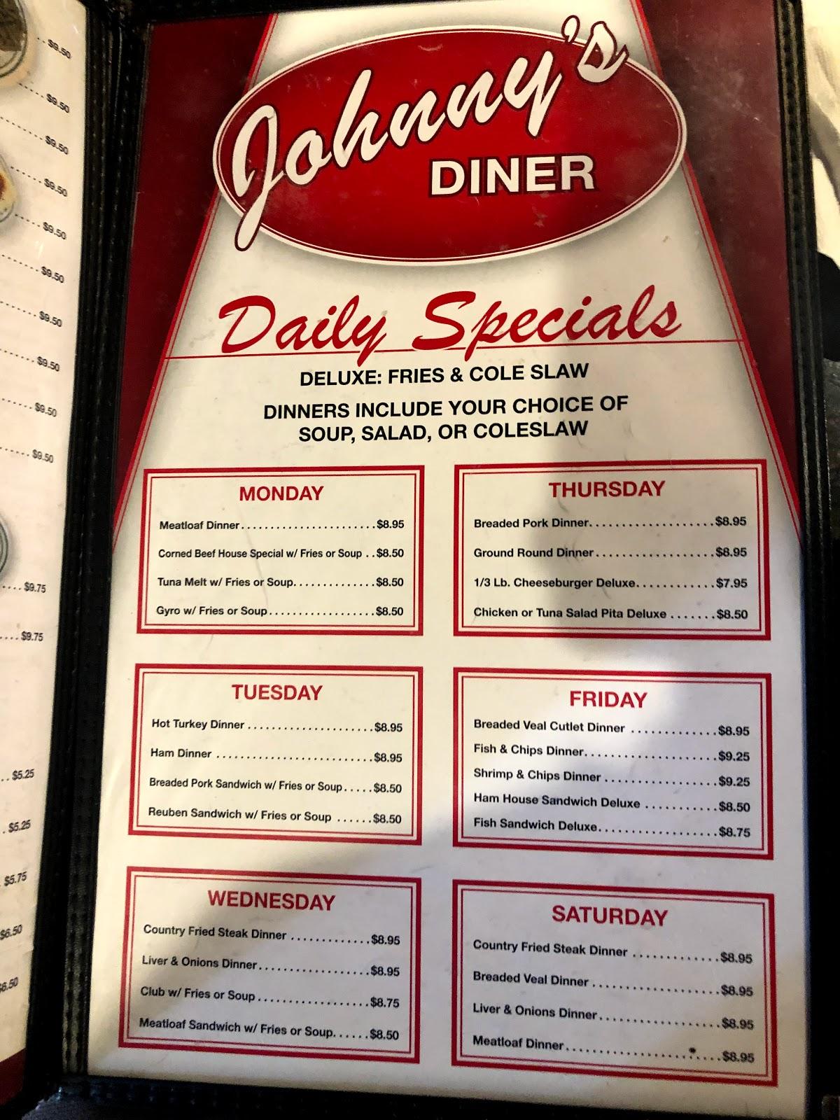Menu at Johnny's Diner restaurant, Winter Park