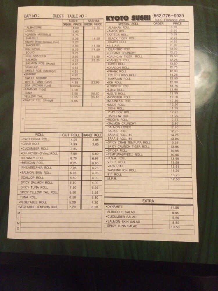 Menu at Kyoto Sushi restaurant, Downey, E Florence Ave