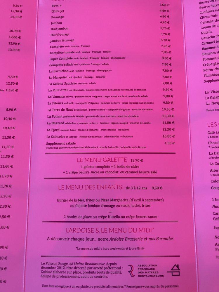 Menu au Le Poisson Rouge pizzeria, La Barre-de-Monts