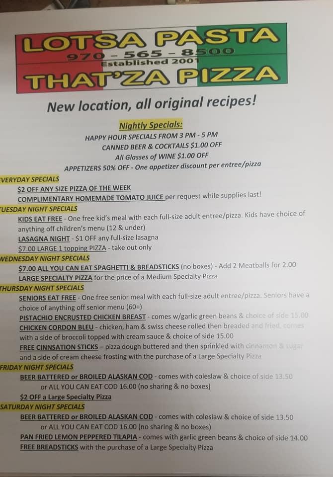 Menu at Lotsa Pasta & That'za Pizza pizzeria, Cortez, 439 E Main St