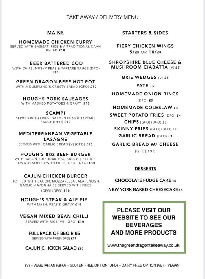Menu at The Green Dragon pub & bar, Church Stretton