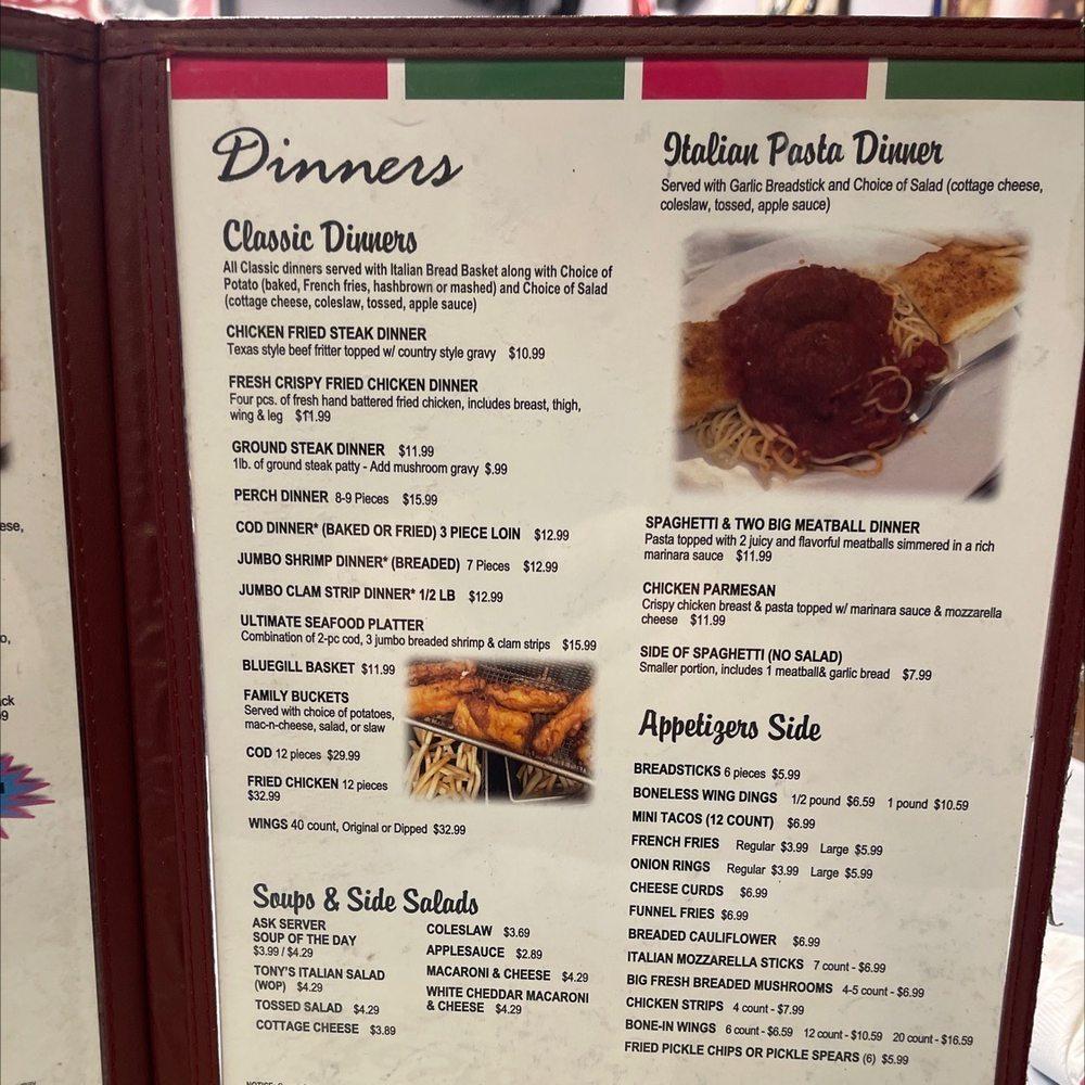 Menu at Tony’s of Shields restaurant, Thomas Township, Gratiot Rd