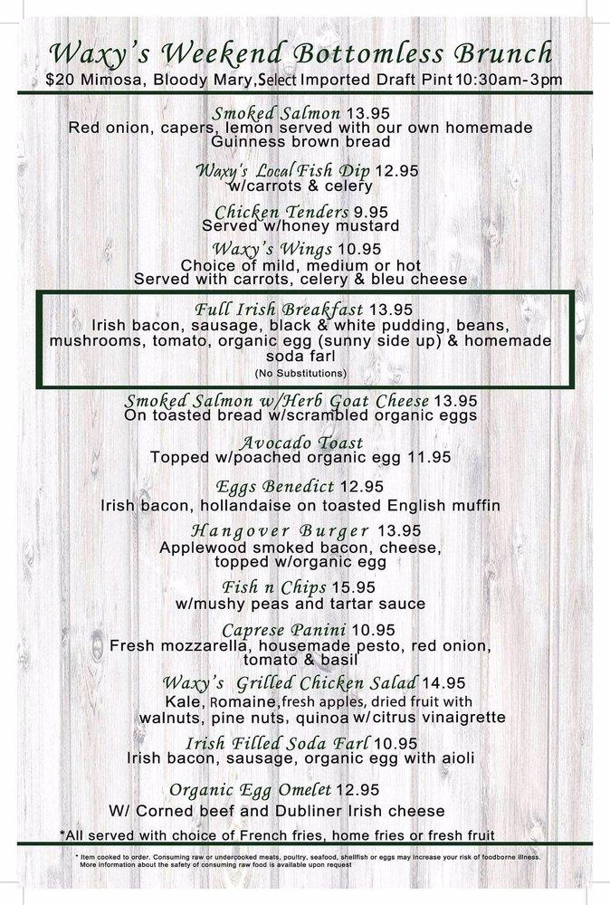 Menu at Waxy's Irish Pub, Fort Lauderdale
