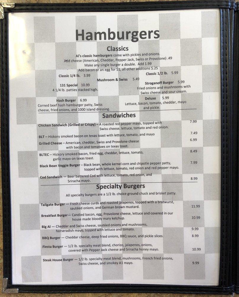 Menu at Al's Hamburger restaurant, Green Bay