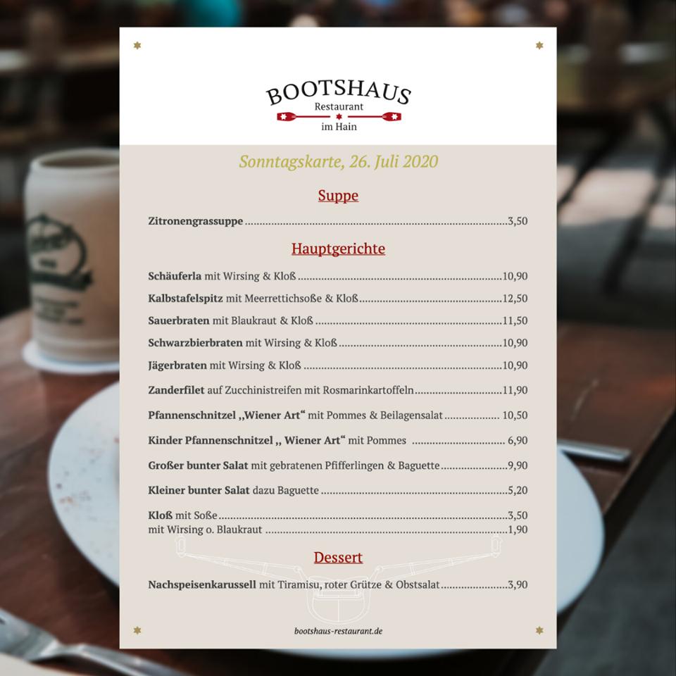 Speisekarte von Bootshaus Restaurant im Hain, Bamberg