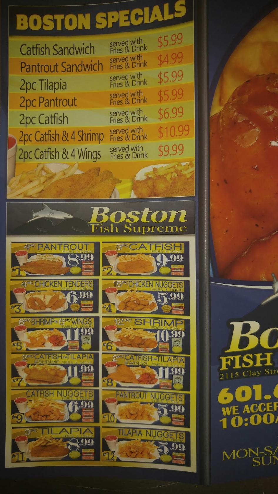 Menu at Boston Fish Supreme restaurant, Vicksburg