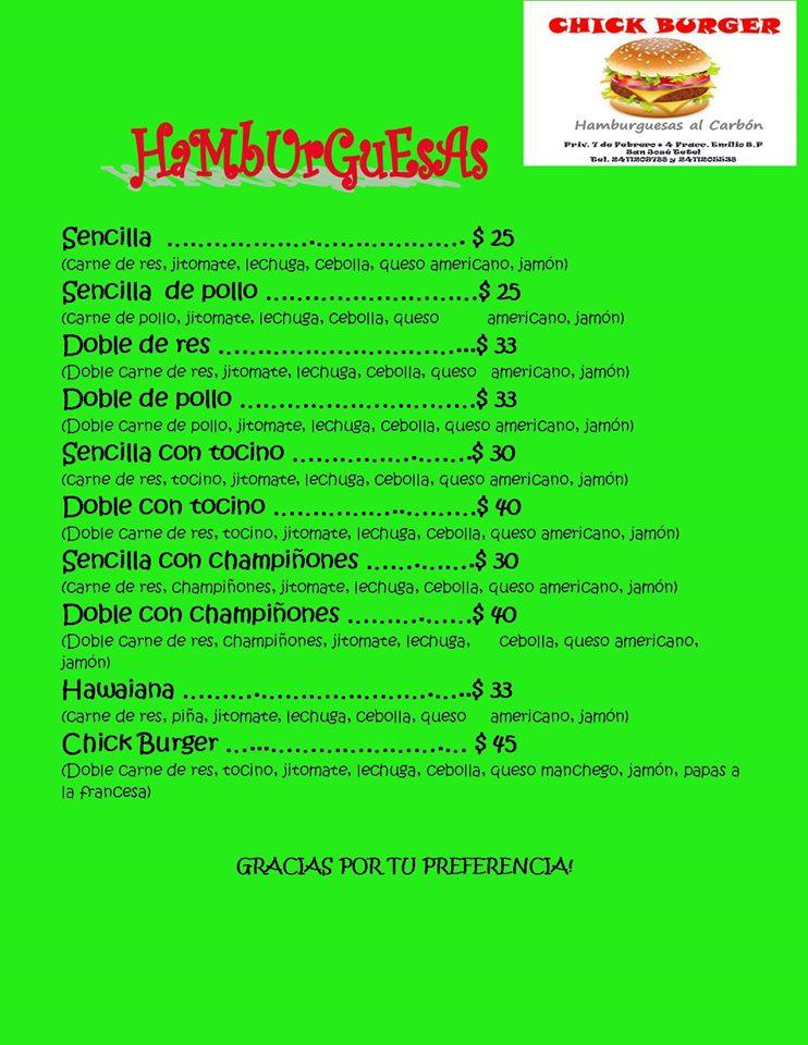 Menu at CHICK Burger restaurant, Apizaco