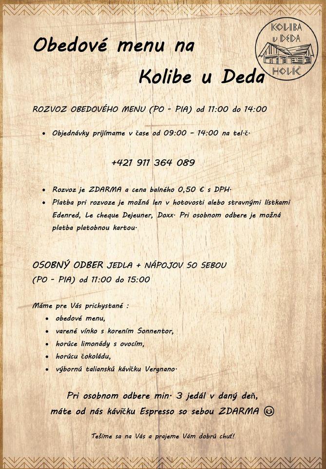 Menu at Koliba u Deda restaurant, Holíč
