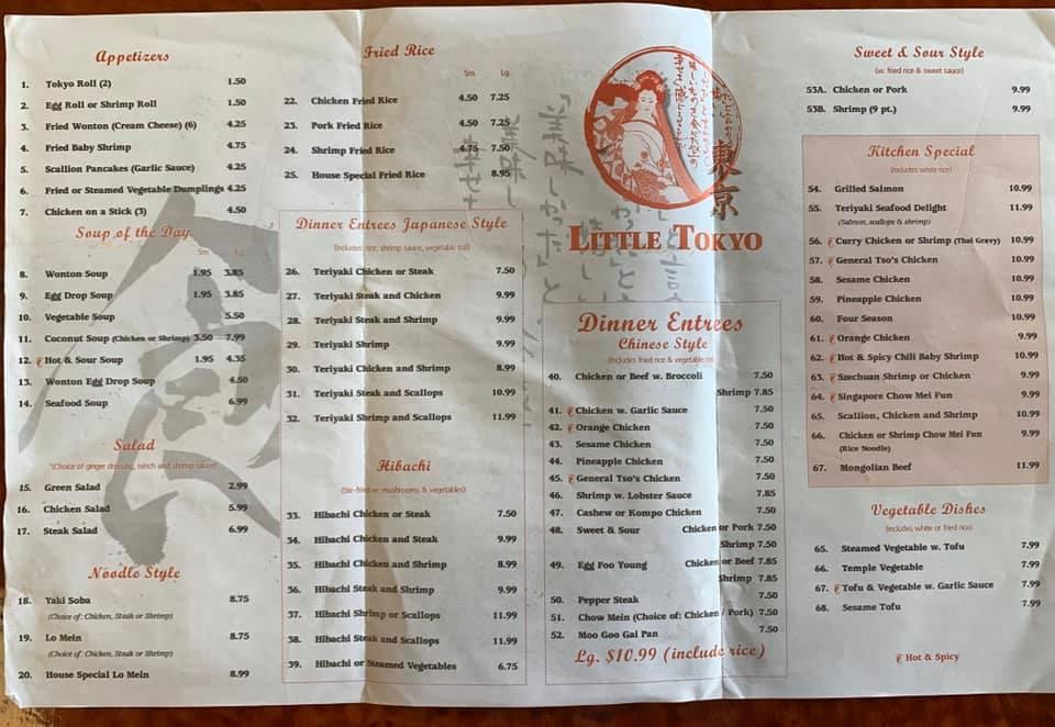 Menu at Little Tokyo restaurant, Burnsville