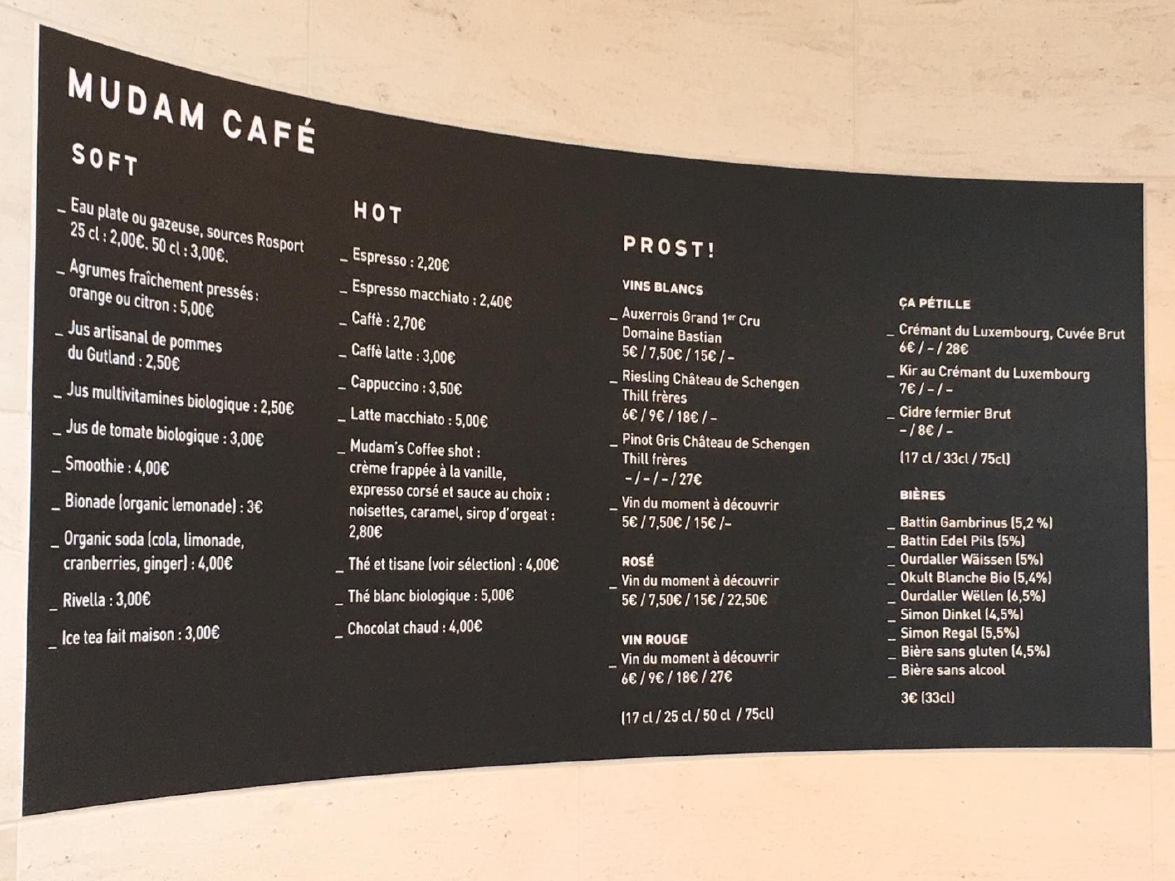 Menu at Mudam Café, Luxembourg City, Musee d'Art Moderne Grand-Duc Jean