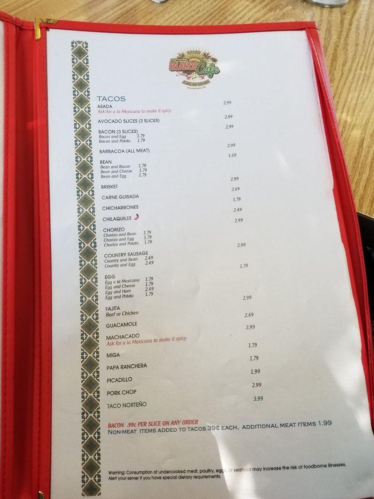 Menu at Original Blanco Cafe, San Antonio, Fredericksburg Rd