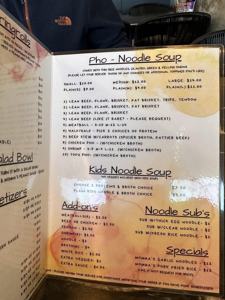 Menu at Pho Momma restaurant, Sacramento
