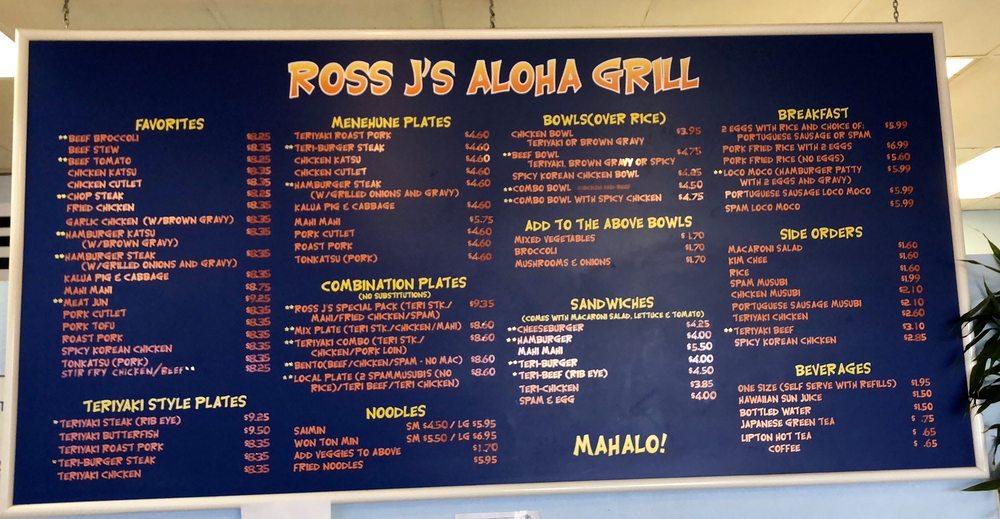 Menu at Ross J's Aloha Grill restaurant, Henderson, Sunset Rd