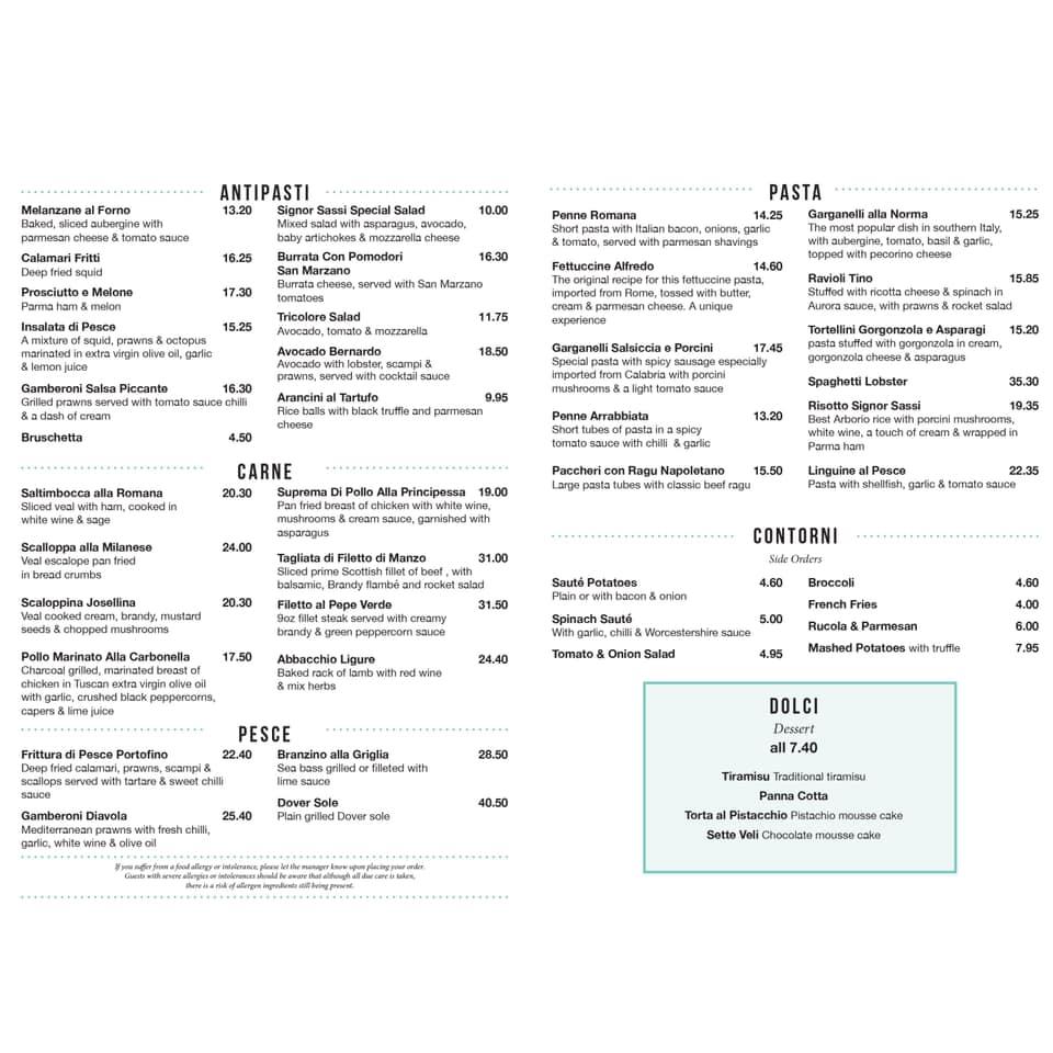 Menu at Signor Sassi restaurant, London