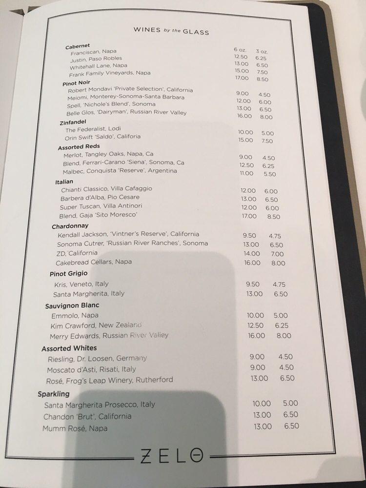 Menu at Zelo restaurant, Minneapolis