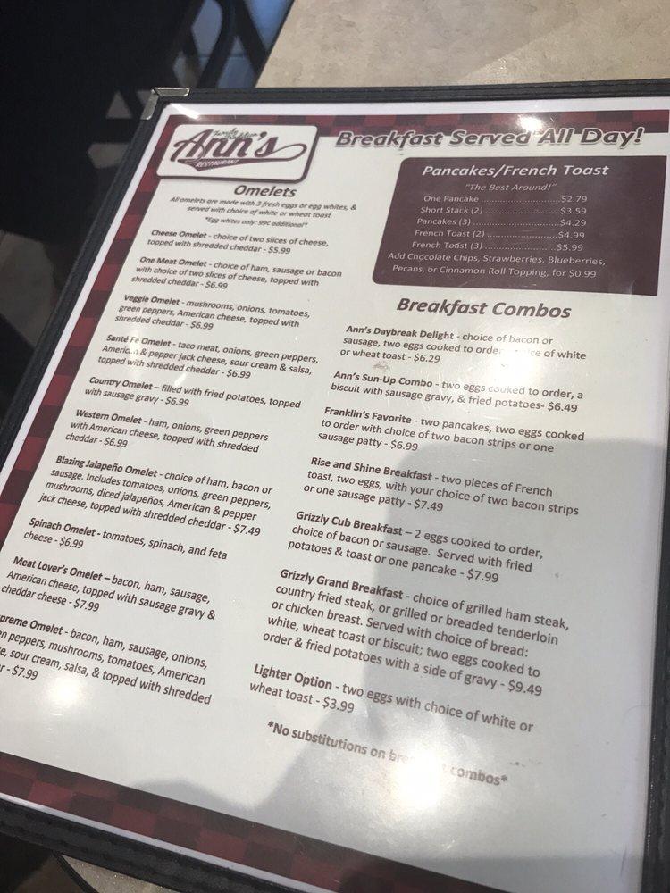 Menu at Ann's Restaurant, Franklin