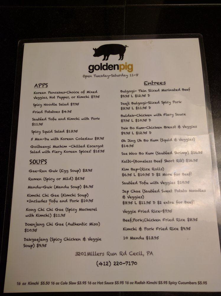 Menu at Golden Pig restaurant, Cecil-Bishop