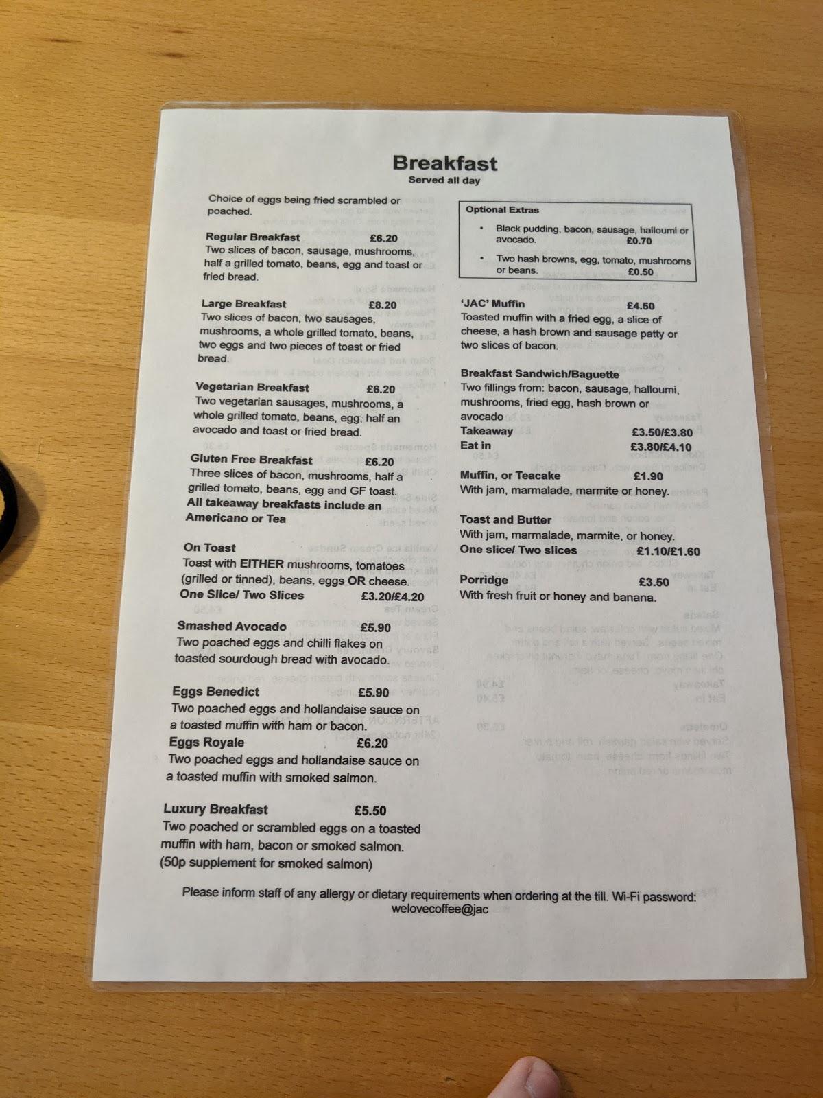 Menu at Jacarandas cafe, Midsomer Norton