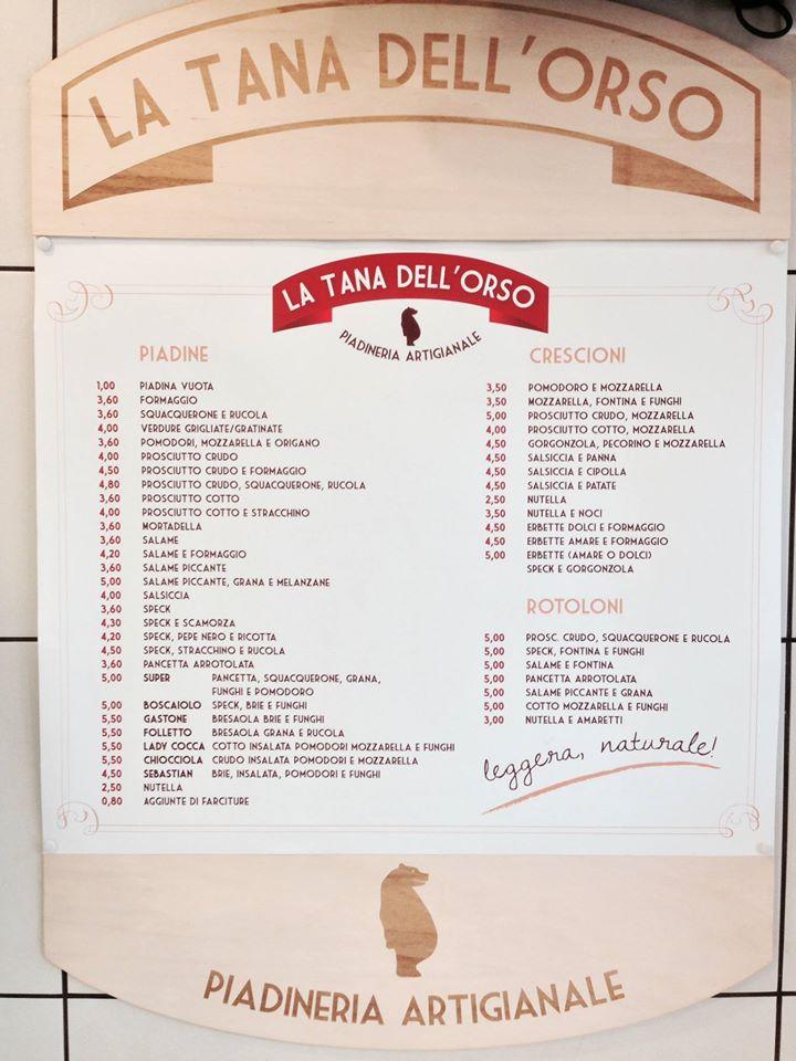 Menu at La Tana dell'Orso restaurant, Bologna