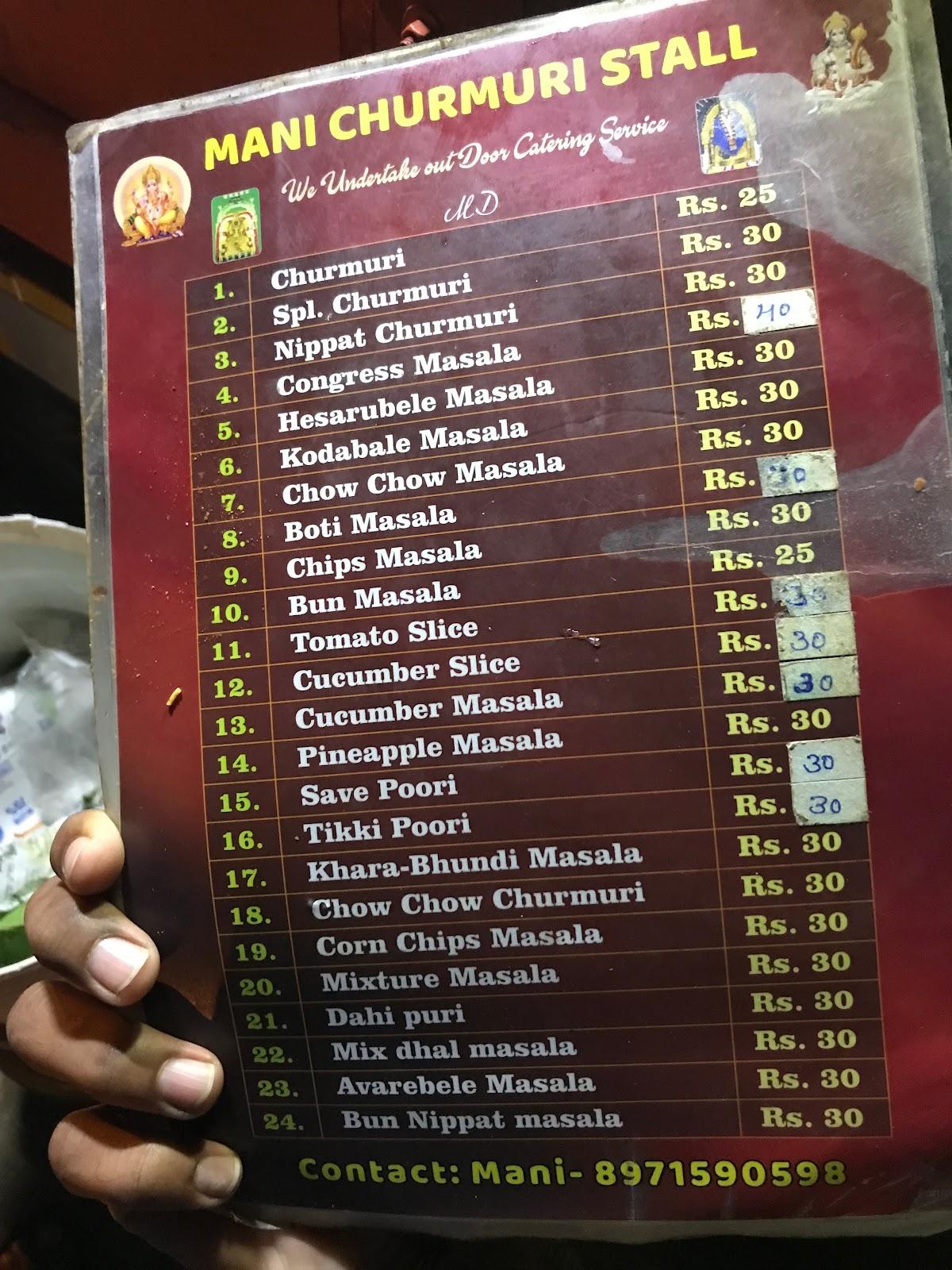 Menu at Mani Churmuri Stall, Challakere