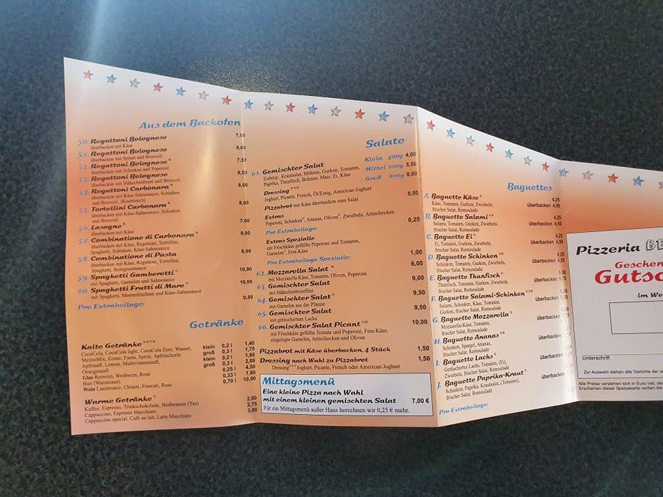 Menu at Pizzeria Bella Riva, Büren