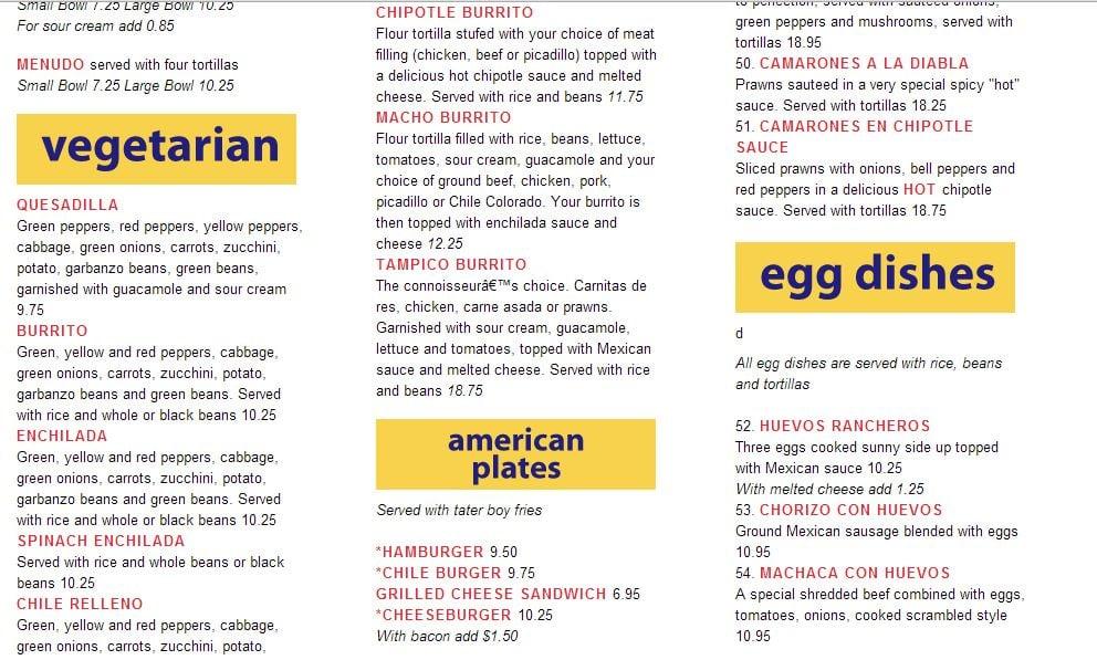 Menu at Tampico Mexican Restaurant, Everett