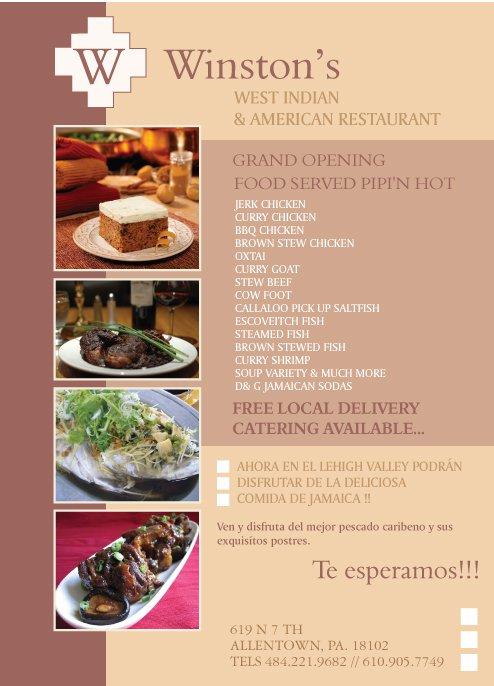 Menu at Winston's Jamaican Restaurant, Allentown