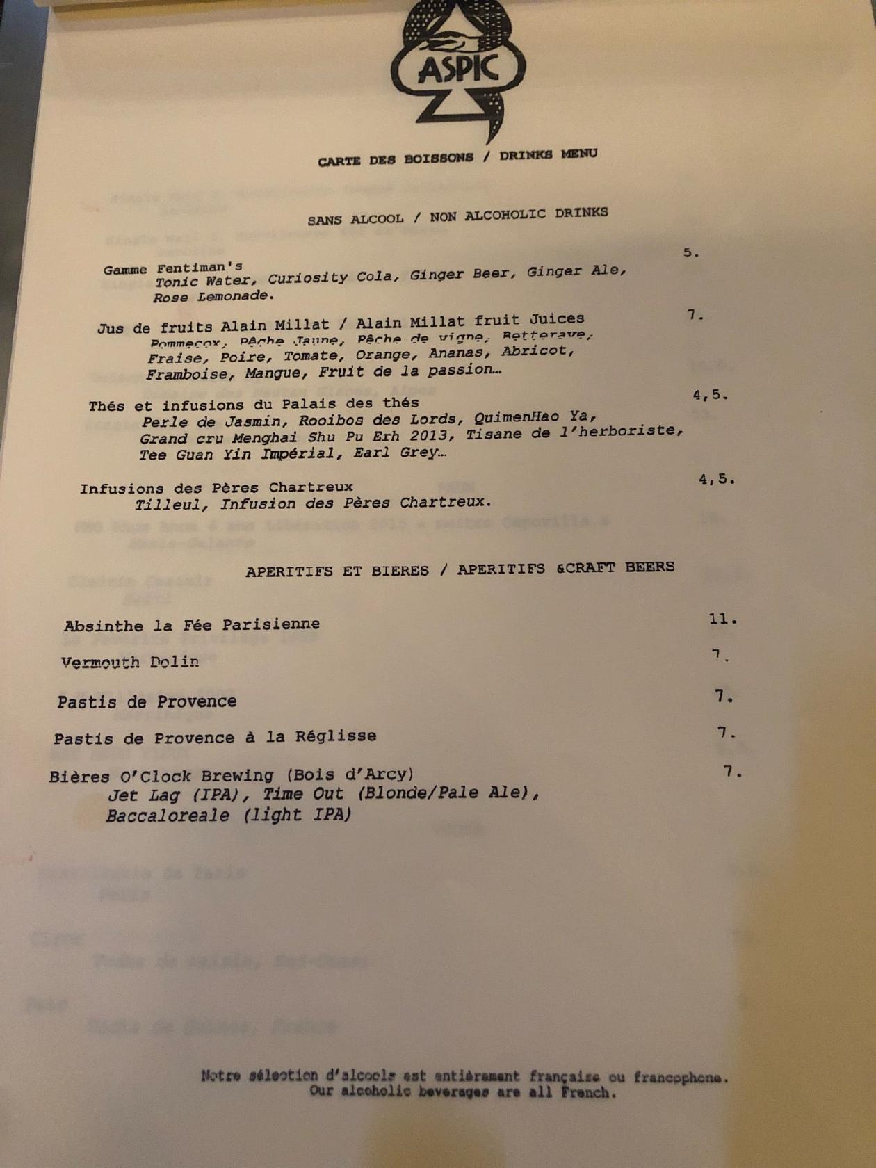 Menu at ASPIC restaurant, Paris, 24 Rue Louise-Émilie de la Tour d'Auvergne