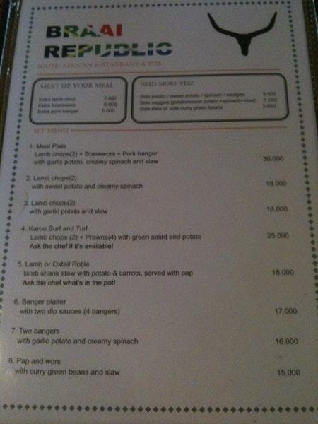 Menu at Braai Republic, Seoul