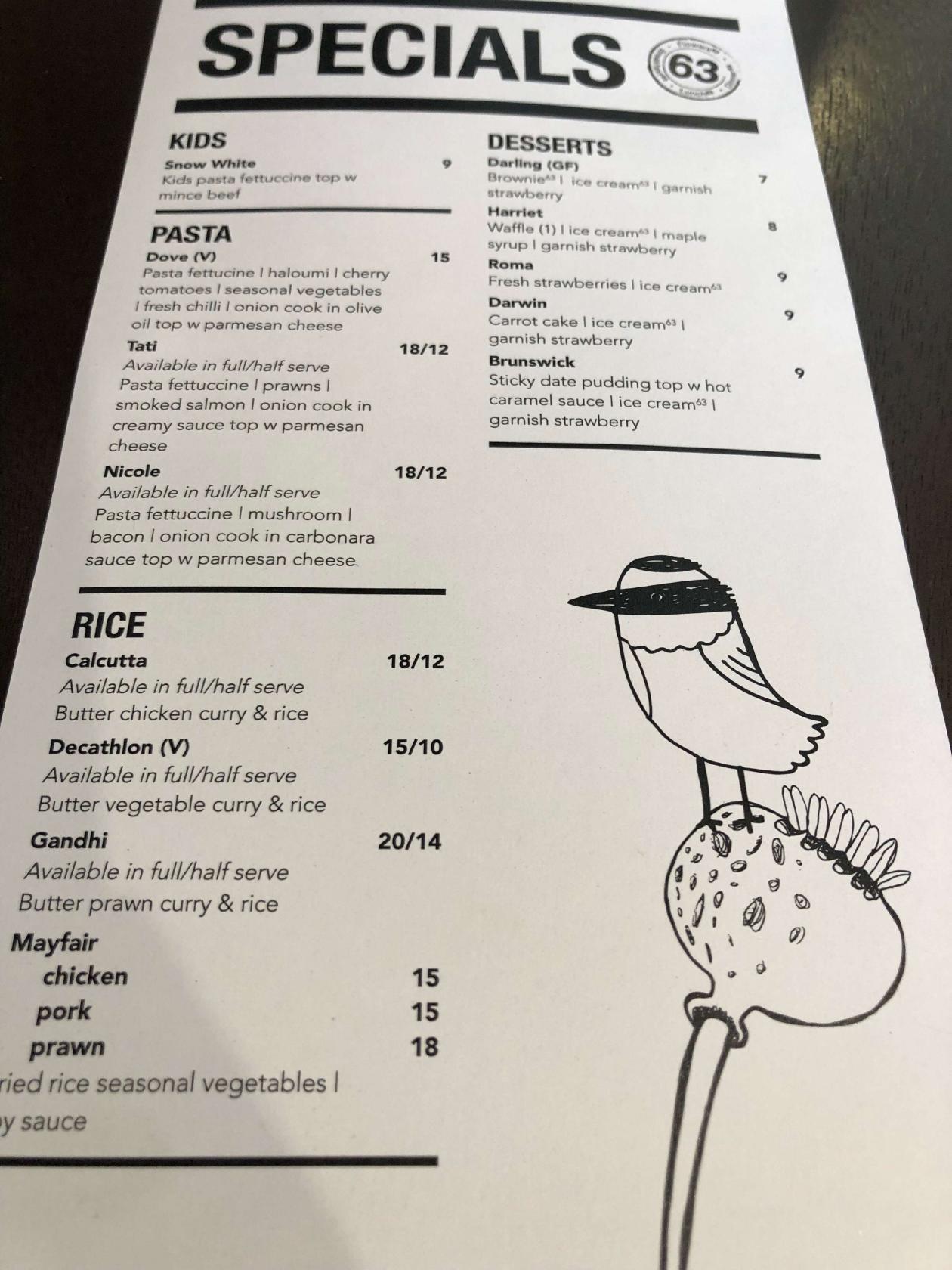Menu at Cafe 63 Nundah, Brisbane Airport, 1 Aspinall St