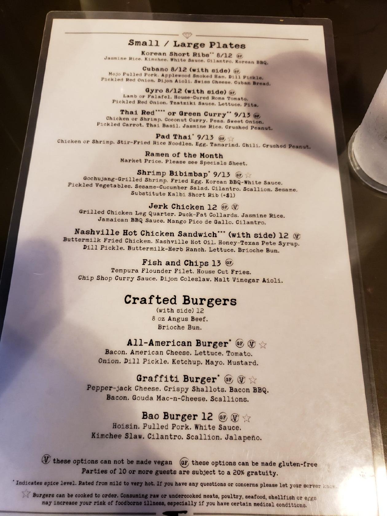 Menu at Crafted: The Art of Street Food restaurant, Greensboro