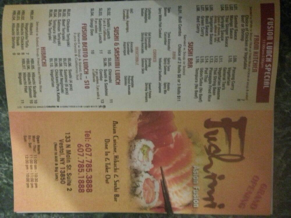 Menu at Fushimi Asian Fusion restaurant, Vestal