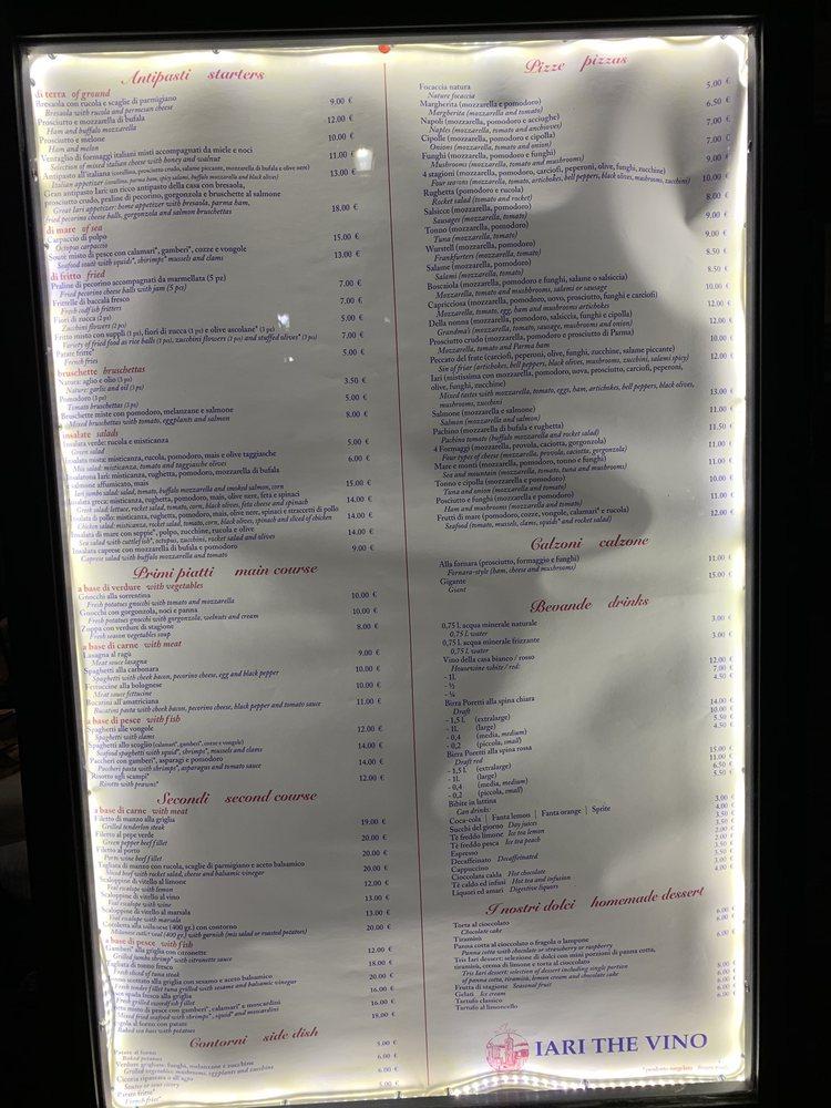 Menu at Iari The Vino restaurant, Rome