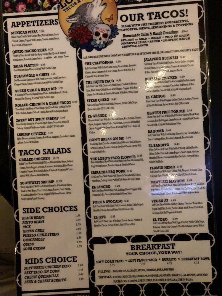 Carta del pub y bar Lobo's Tacos & Tequila, Pueblo