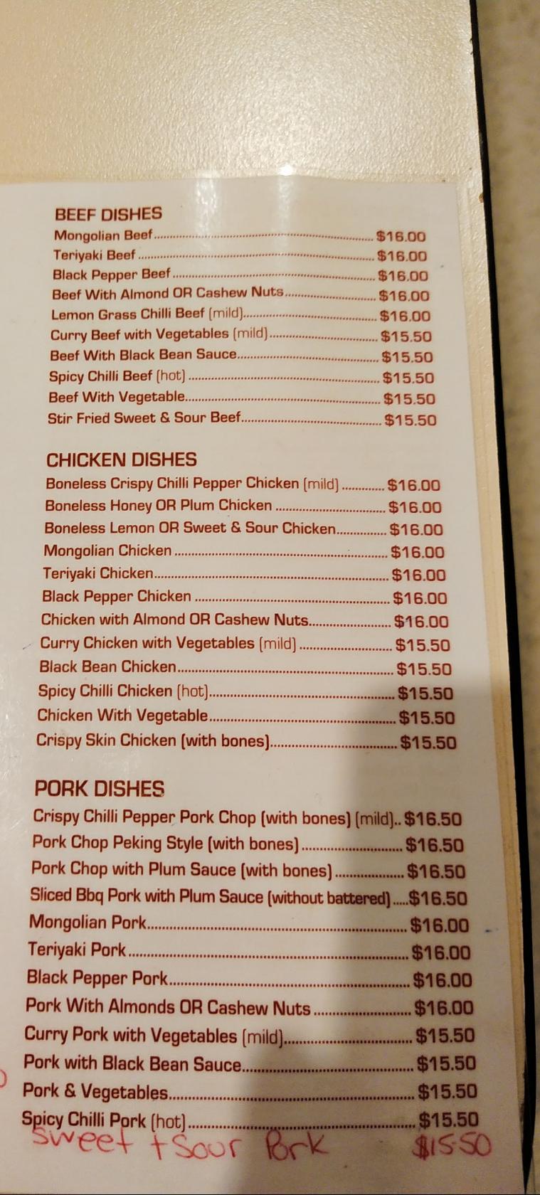 Menu at Macau Cuisine restaurant, Northam