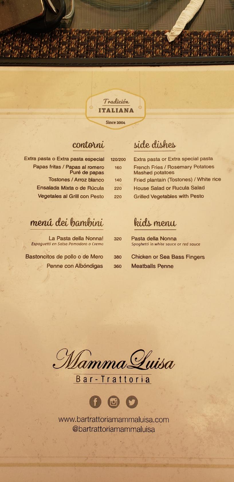 Carta del restaurante Mama Luisa, Punta Cana