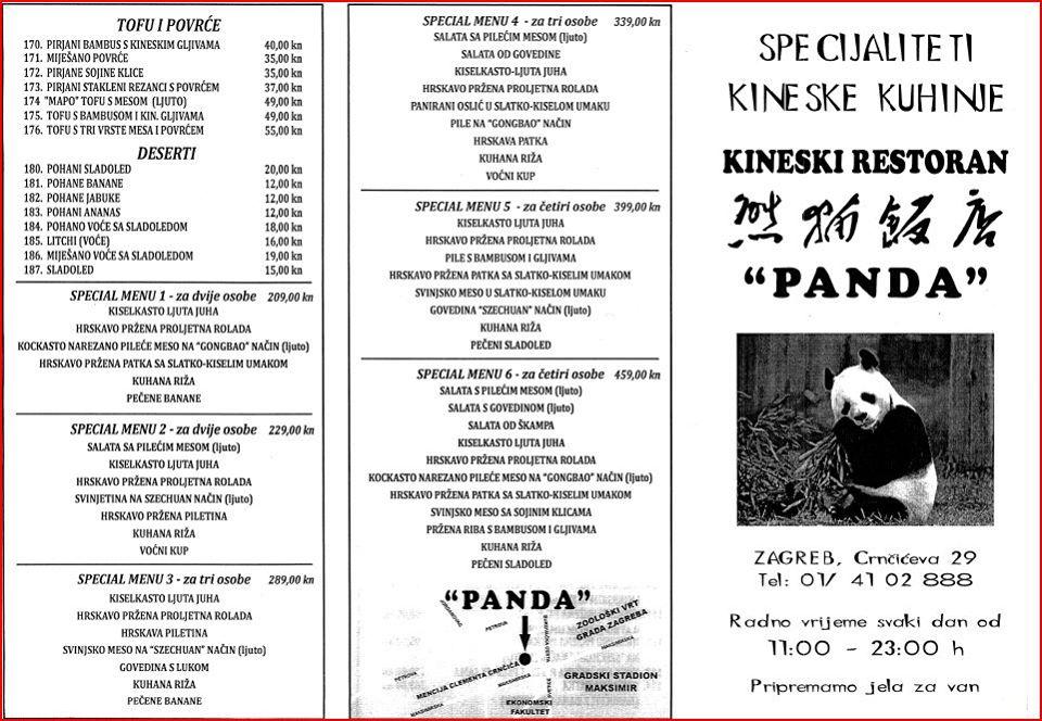 Menu da Panda kineski restoran ristorante, Zagabria, Ulica Klementa ...