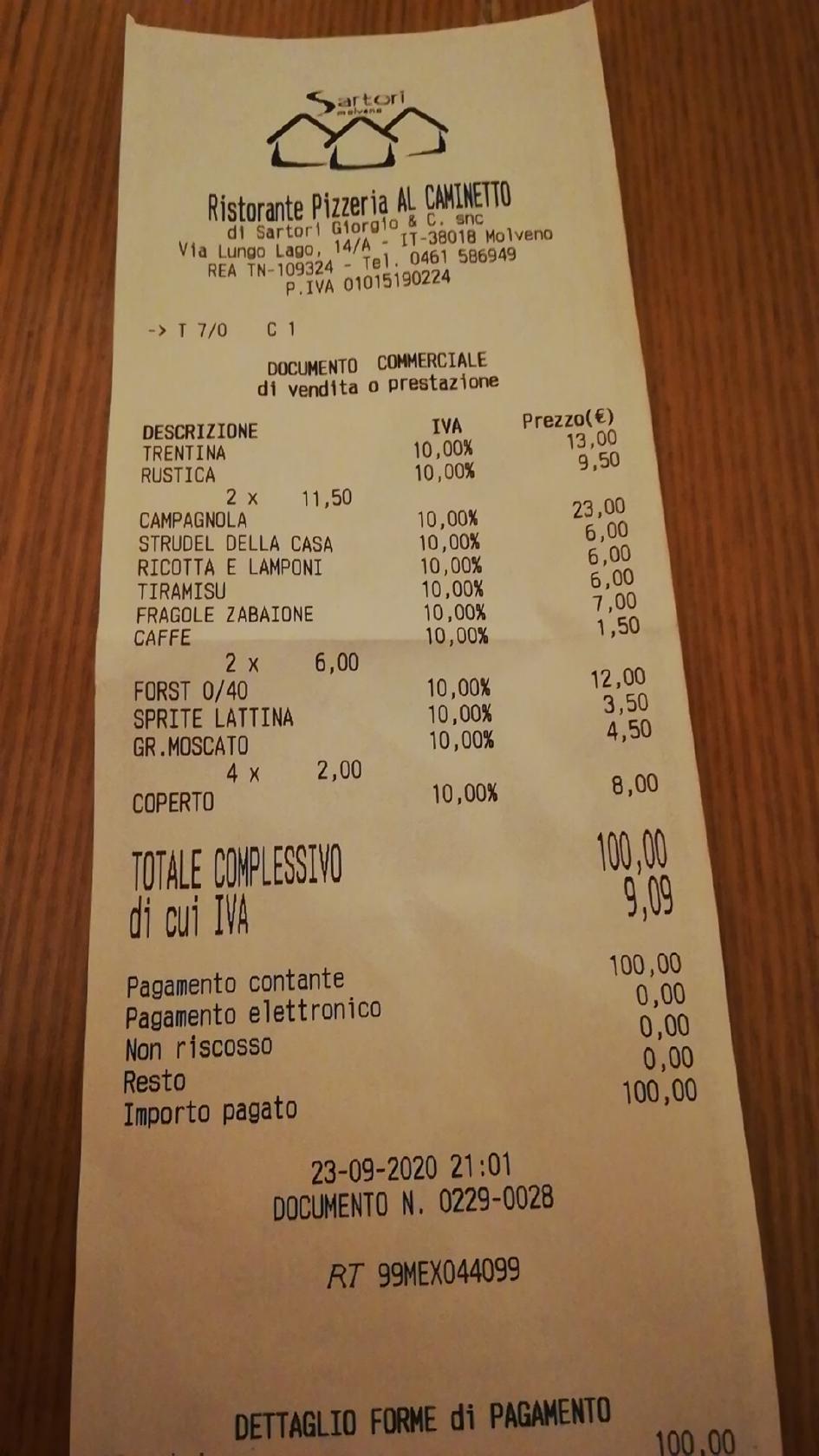 Menu da Ristorante al Caminetto, Molveno