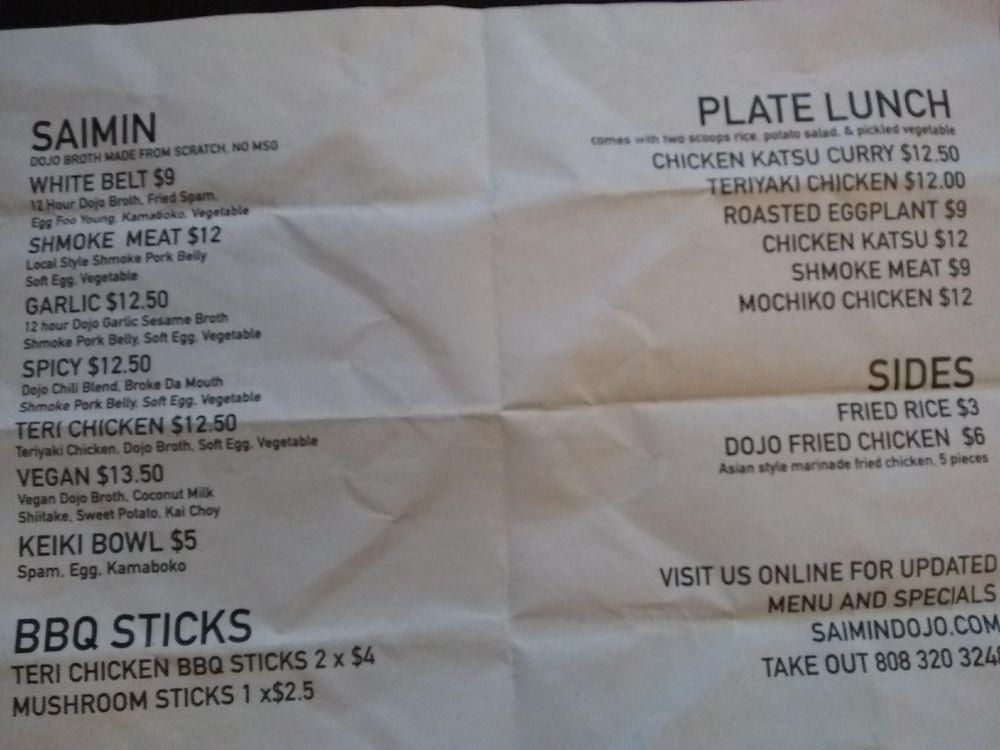 Menu at Saimin Dojo restaurant, Kapaa