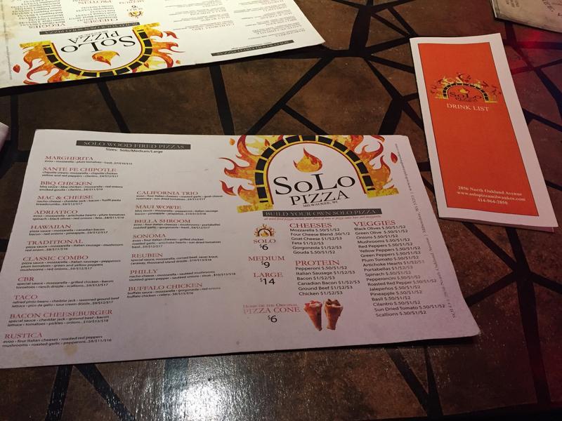Menu at SoLo pizzeria, Milwaukee