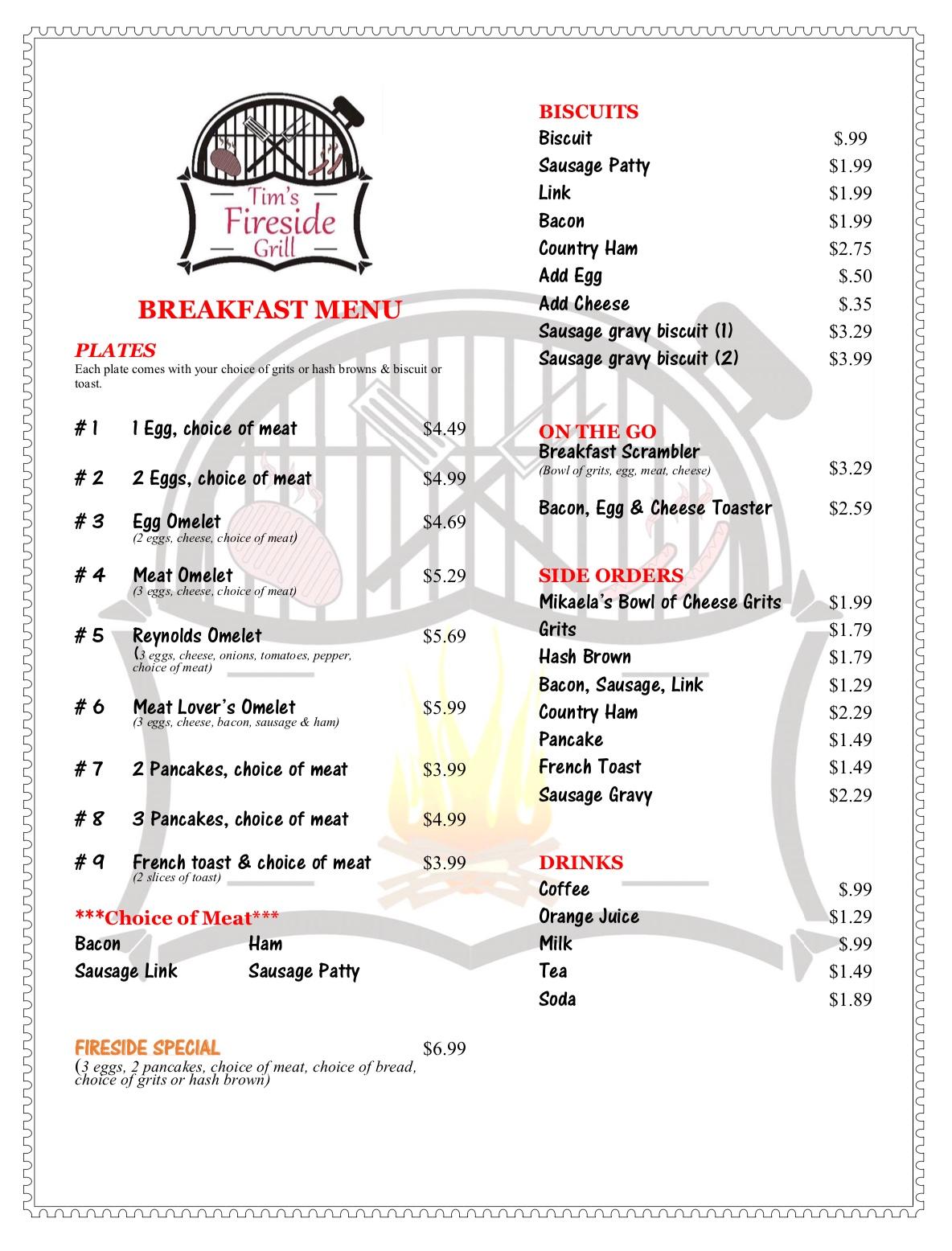 Menu at Tim's Fireside Grill restaurant, Reynolds, 1 E William ...