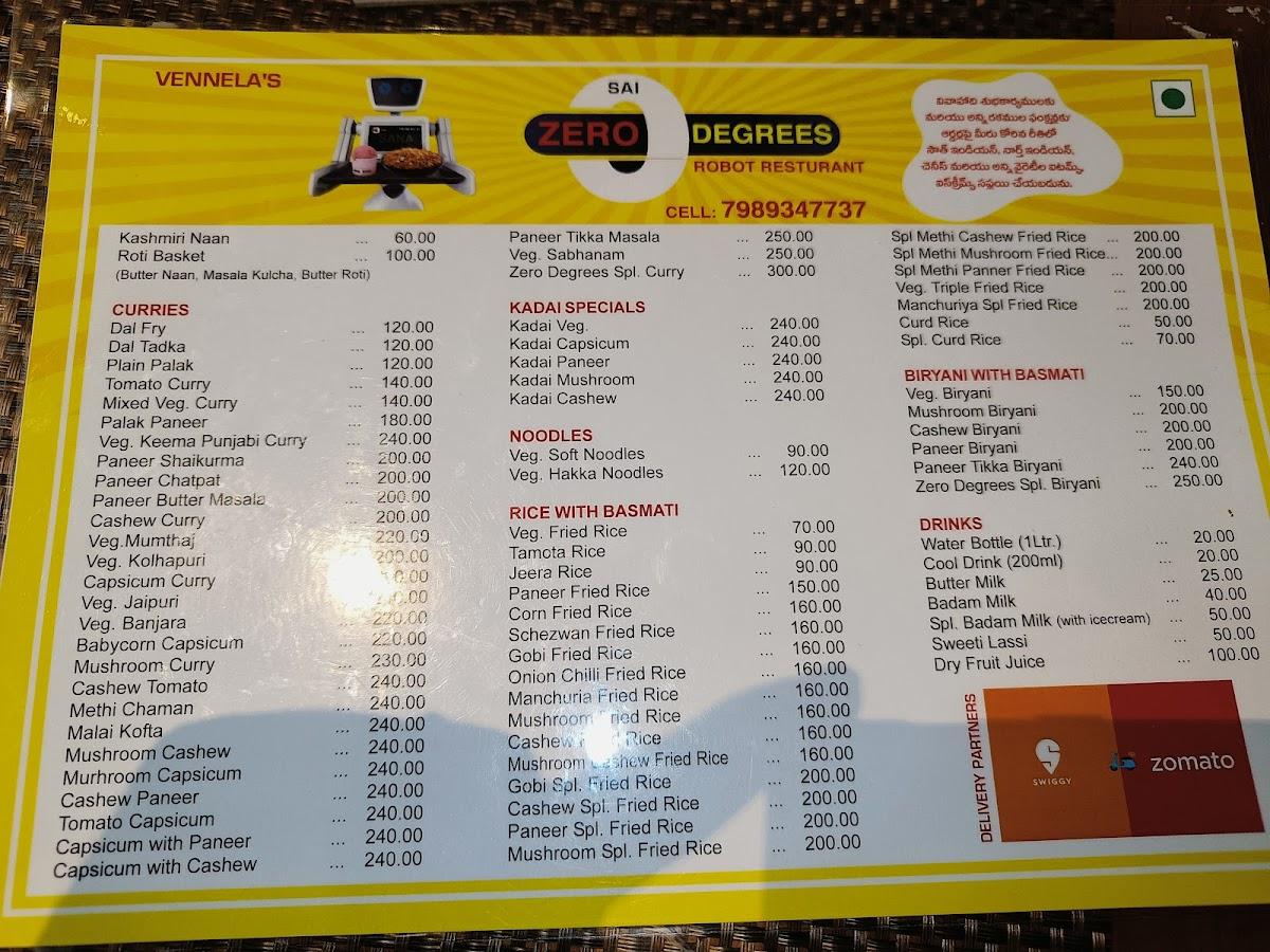 Menu at Vennela's Sai Zero Degrees Robot Restaurant, Chirala