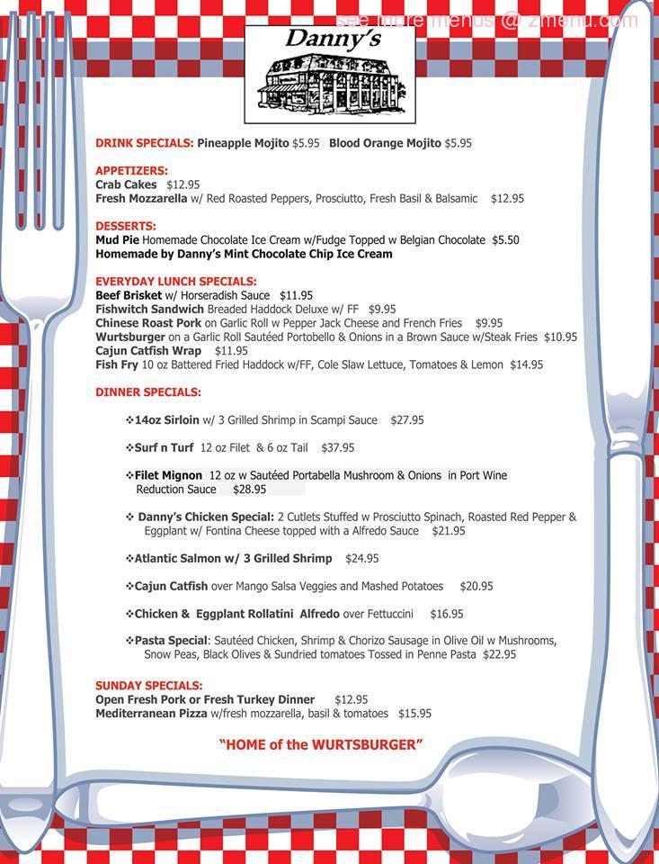 Menu at Danny's restaurant, Wurtsboro