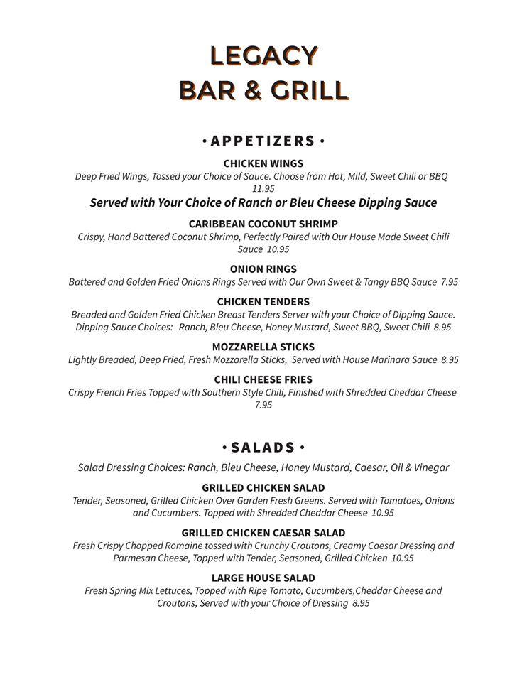 Menu at Legacy Bar & Grill, The Villages, 17155 Buena Vista Blvd