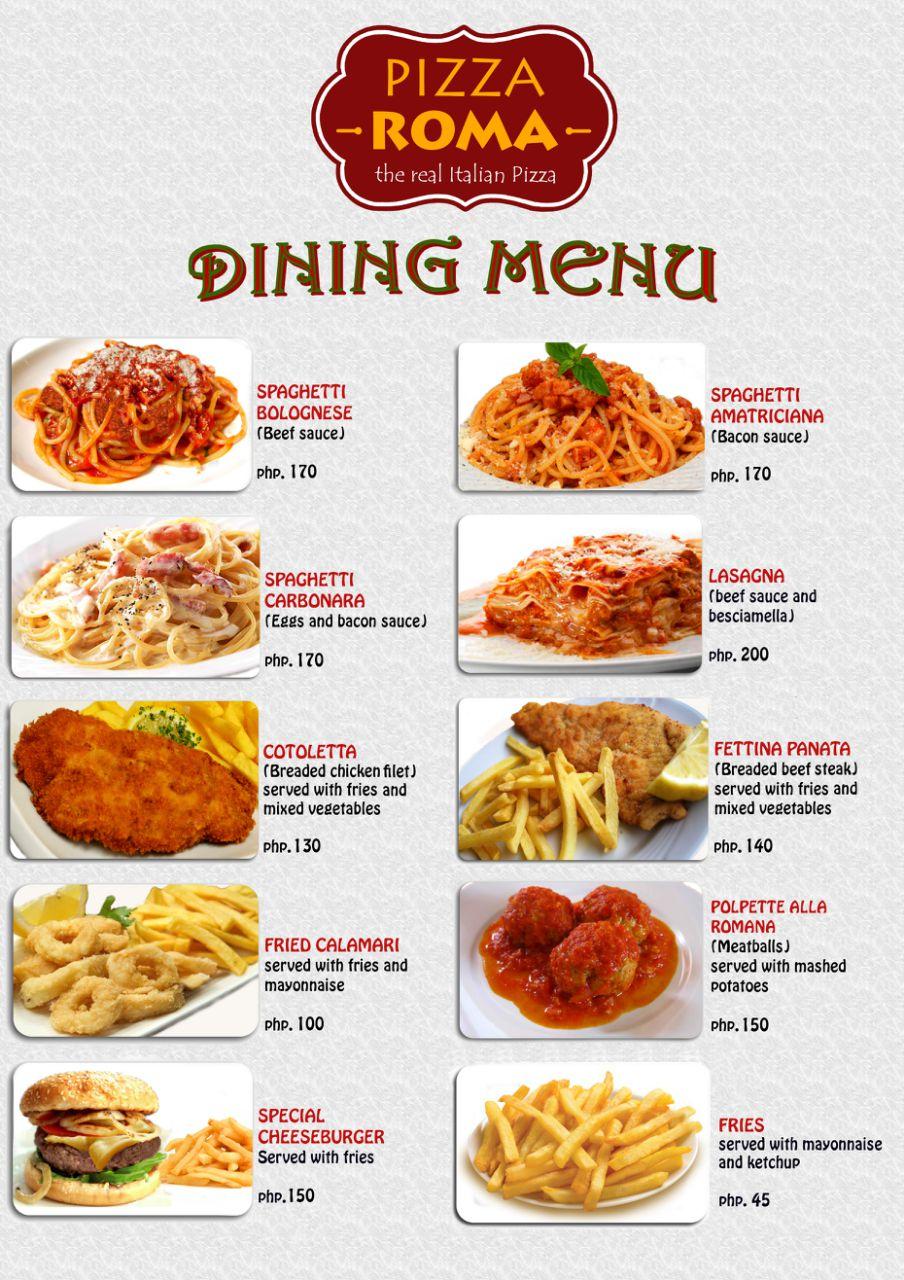 Menu at Pizza Roma restaurant, General Santos City, Phil-Am Ave