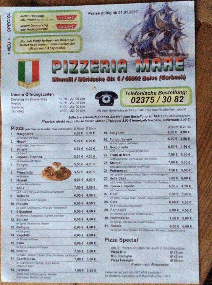 Speisekarte von Pizzeria Mare, Balve